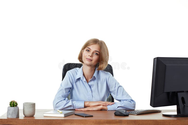 Successful Business Woman Looking at Camera and Using Computer Stock ...