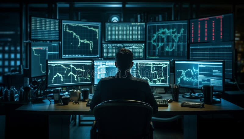 Successful Businessman Analyzing Chart Data on Computer Monitor Indoors ...