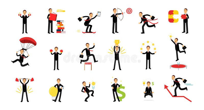 Successful Businessman Character in Black Suit Engaged in Different ...