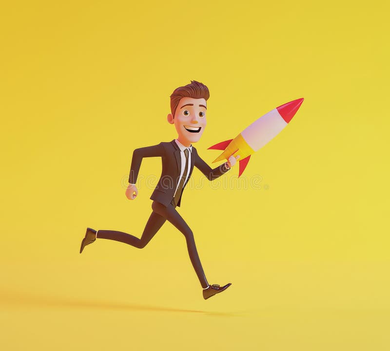 A Successful Businessman Holding a Rocket in 3D Represents a Powerful ...