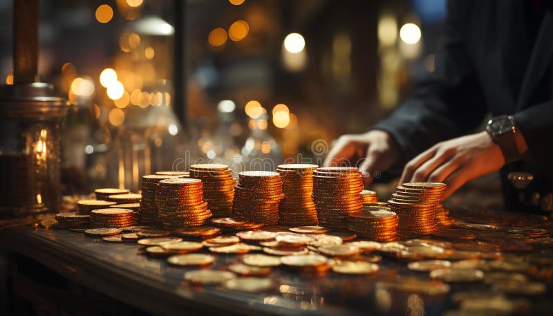Successful Businessman Stacking Coins on Table, Making Money Indoors ...