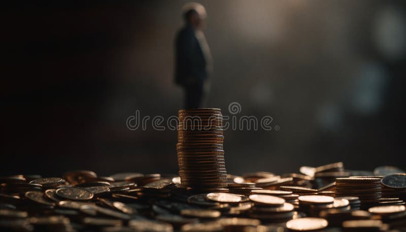 Successful Businessman Stacks Coins, Symbolizing Wealth and Financial ...