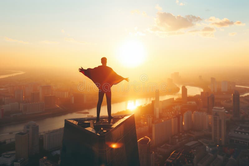 Successful Businessman on the Top of Skyscraper Looking at the City ...