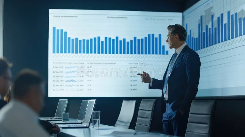 Successful CEO Presenting Company Growth Statistics on a Large Screen ...