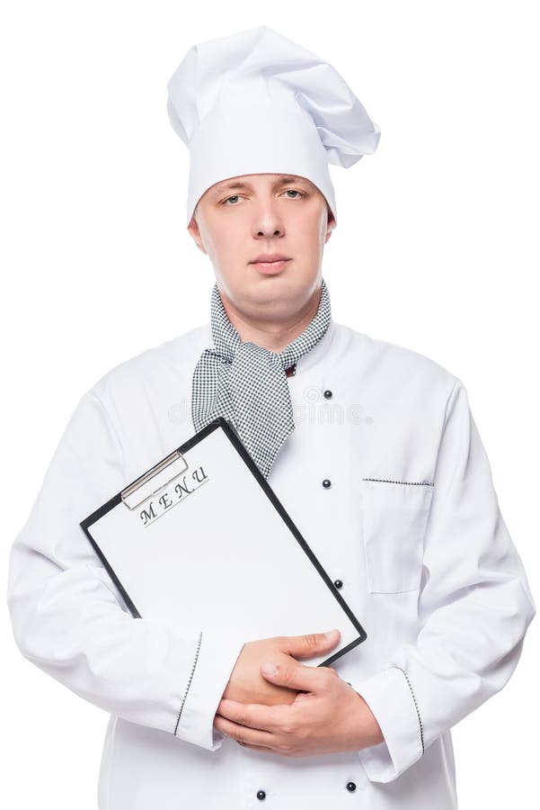 Successful Chef Holding a Menu Blank on a White Stock Image - Image of ...