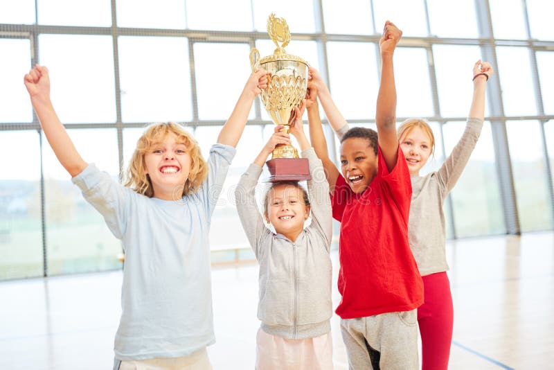 Successful Children Team with Cup Cheers Stock Photo - Image of sport ...