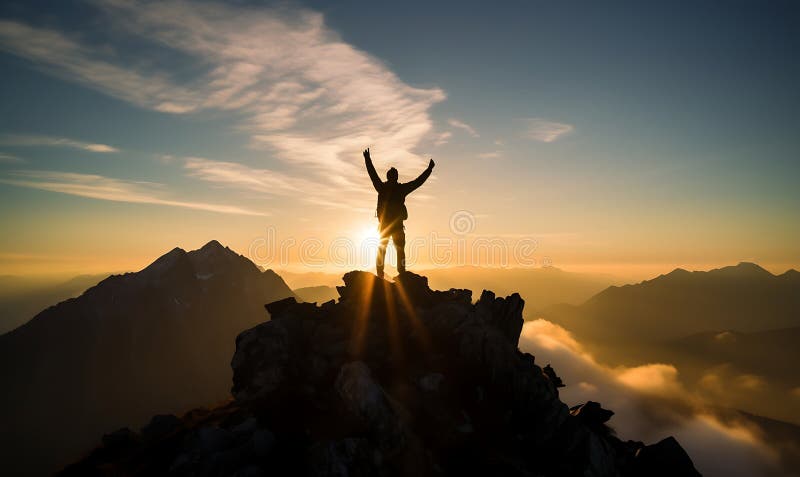 Successful Climbers with Raised Hands Standing on Top of a Mountain at ...