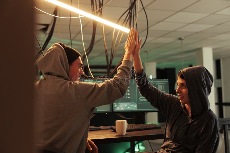 Successful Cyberattack, Happy Hackers Giving High Five, Hacking Server ...