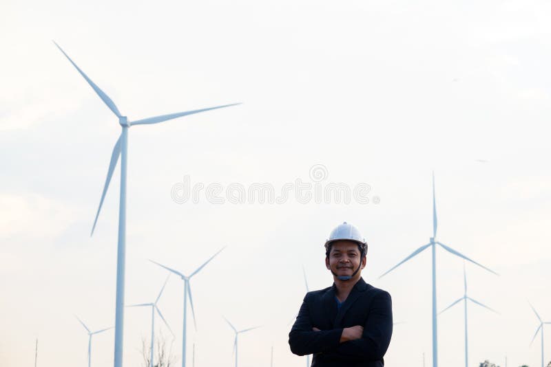 Successful Engineer Man Standing with Wind Turbine Stock Photo - Image ...