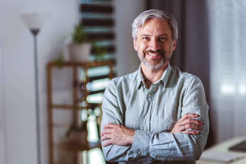 Successful Entrepreneur at Cozy Home Office, Smiling at Camera Stock ...