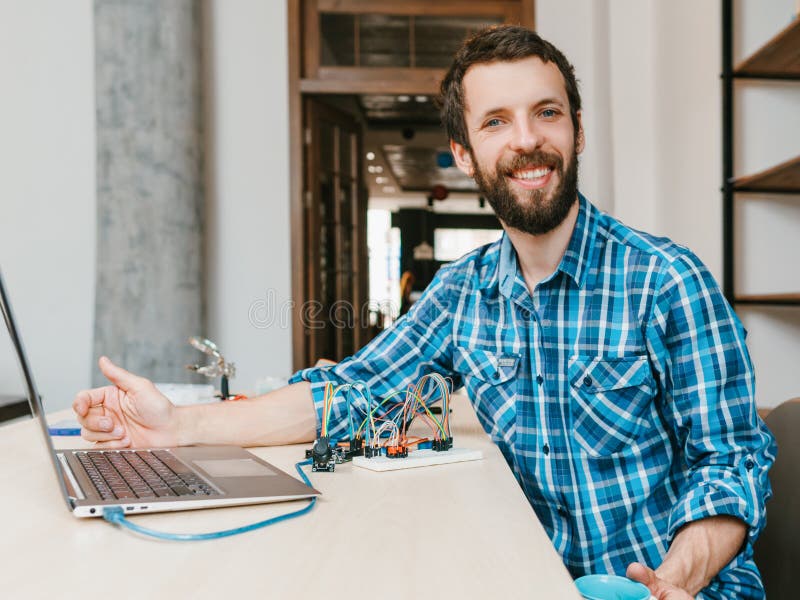 Successful Experiment Cheerful Programmer Workplace Stock Photo - Image ...