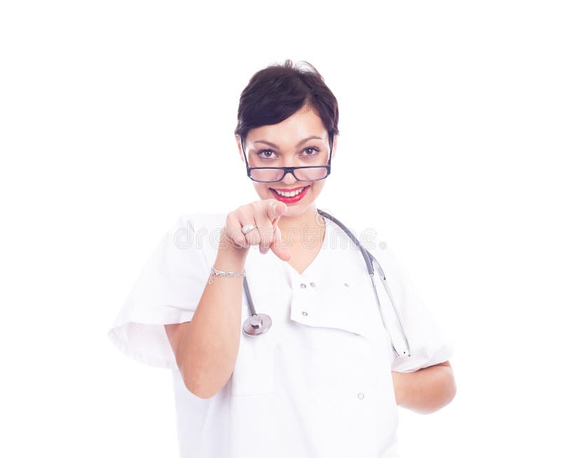 Successful Female Doctor Pointing Something Stock Image - Image of ...