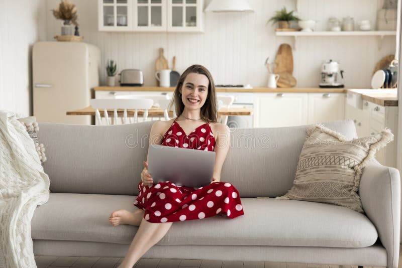 Successful Gen Z Woman Looking at Camera Smiling Using Notebook Stock ...