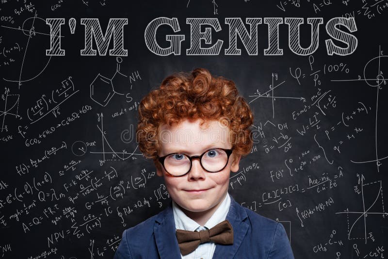 Genius Child on Blackboard Background with Science and Maths Formulas ...