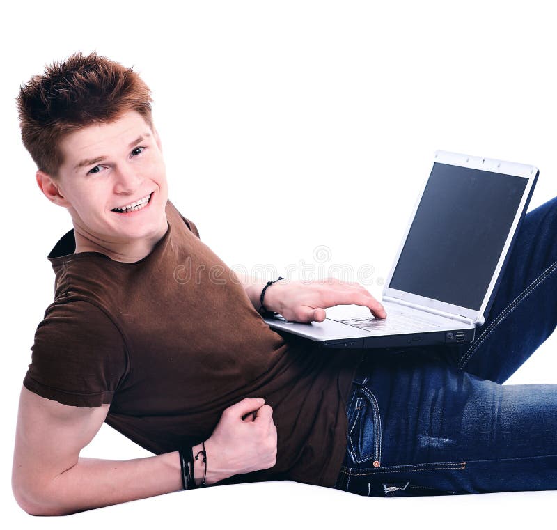 Successful Happy Man Lying Down on Floor Stock Photo - Image of laptop ...