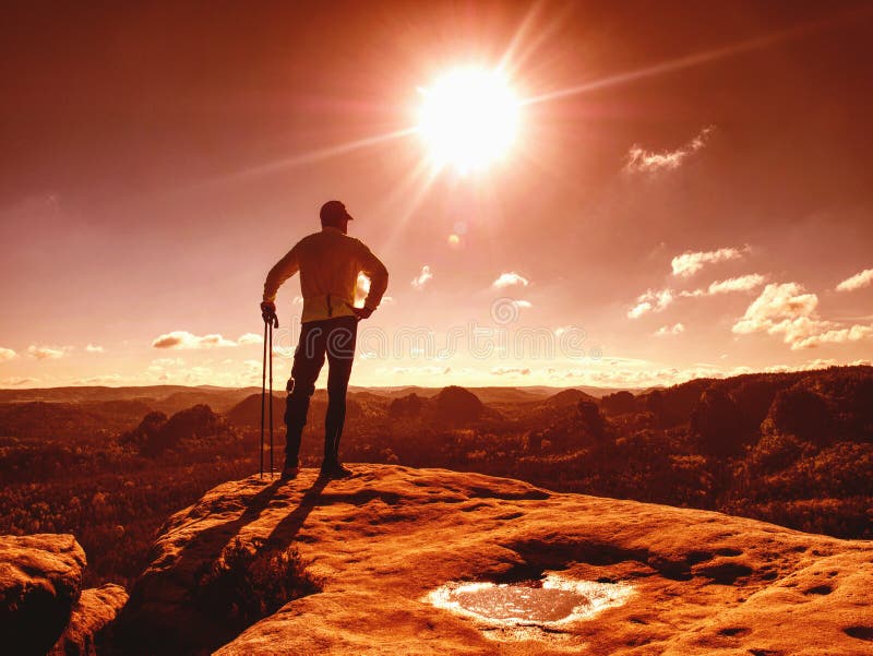 Successful Hiker Man on Peak. One Young Man Hiker Stock Photo - Image ...