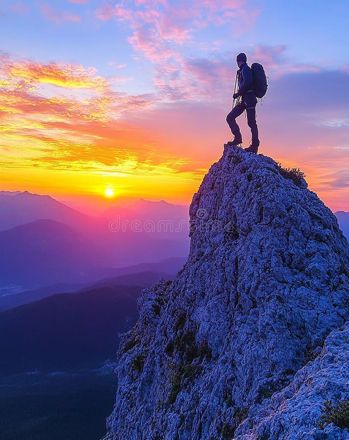 Successful Hiker Standing on Top of a Mountain Peak with a Breathtaking ...
