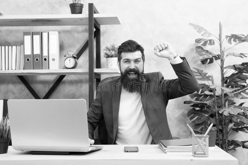 Successful Job Interview. Answer Interview Questions. Man Happy Bearded ... Successful Job Interview. Answer Interview Questions. Man Happy Bearded ...