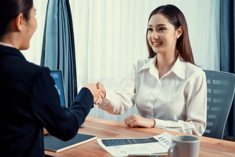 Successful Job Interview with Handshake in Office. Enthusiastic Stock ...