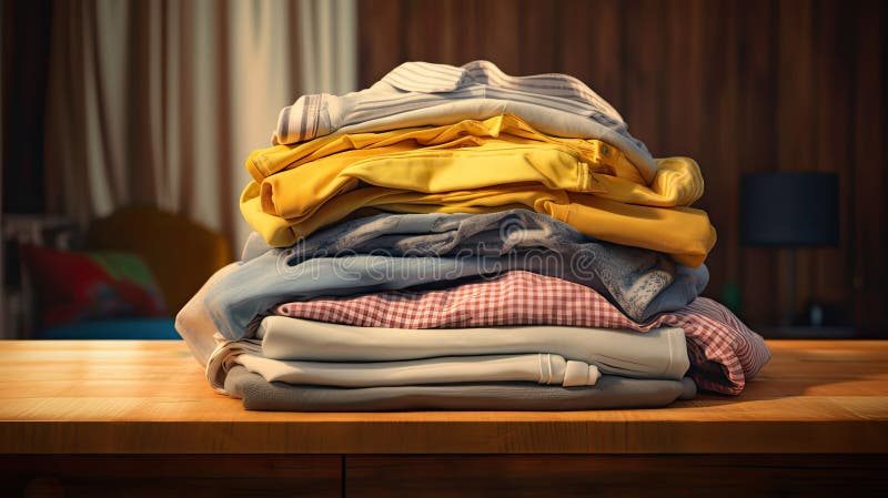 A Successful Laundry Day. a Stack of Fresh, Clean Clothes on a Wooden ...