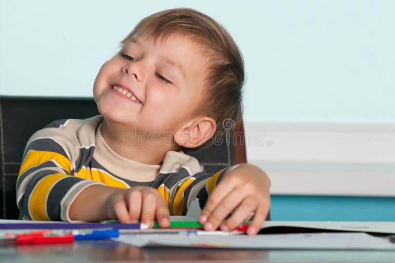 Portrait of Cute Healthy Happy School Kid Boy at Home Making Homework ...