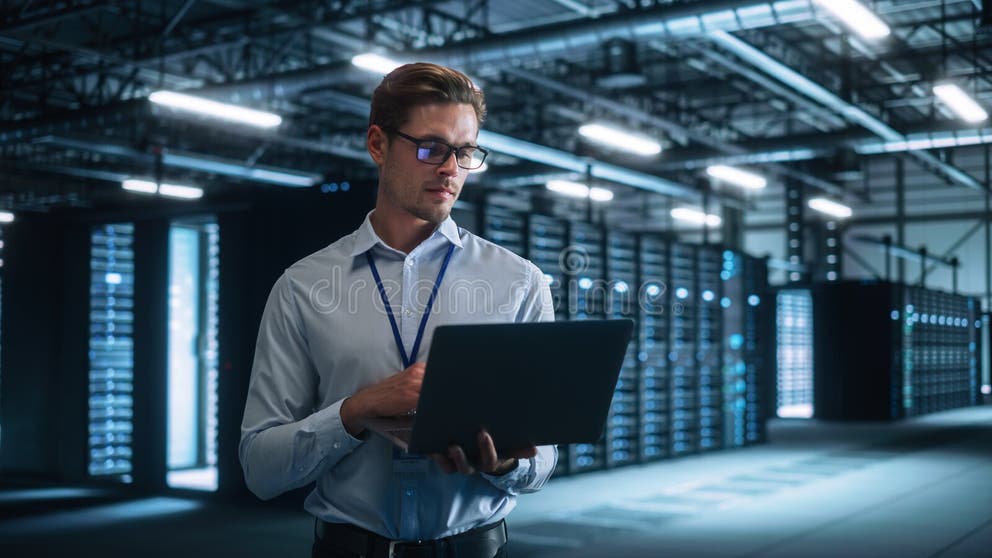 Successful Male Data Center it Specialist Look Attentively at Laptop Computer Screen, while Work ...