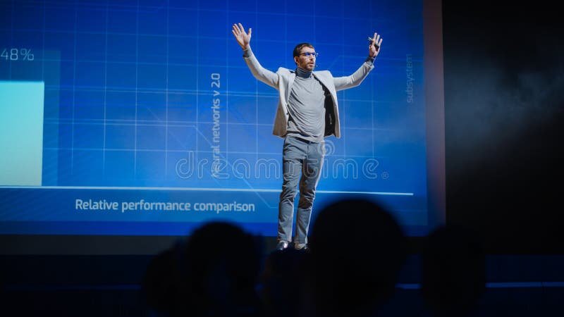 Successful Male Speaker Gets on Stage, Greets Audience and Does ...