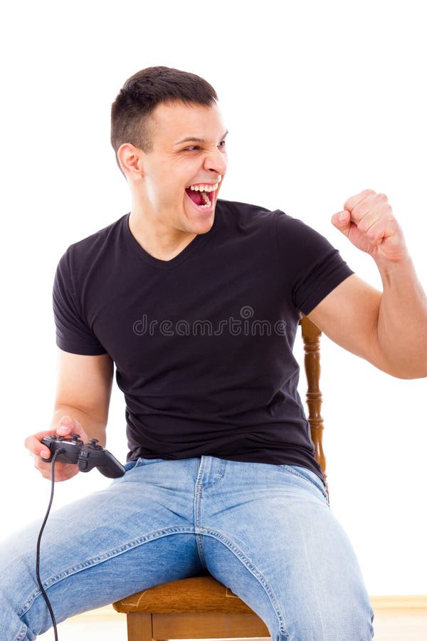 Successful Man Playing Computer Game with Joystick Stock Photo - Image ...