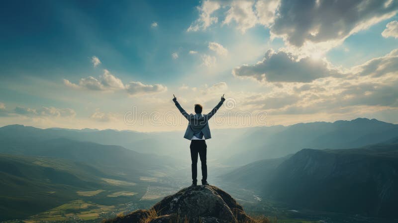 Successful Man Standing on the Top of the Mountain and Raised His Hands ...