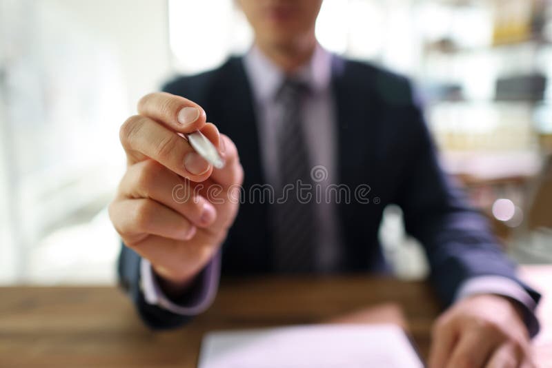 Successful Manager Points Pen To Camera Sitting at Table Stock Image ...