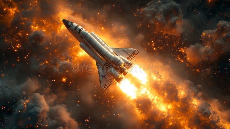 Successful Rocket Launch. a New Spaceship with a Trail of Light Flies ...