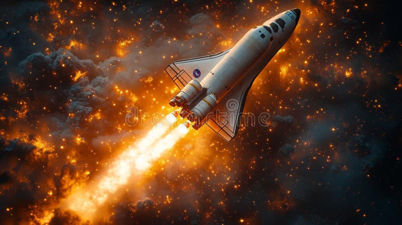 Successful Rocket Launch. a New Spaceship with a Trail of Light Flies ...