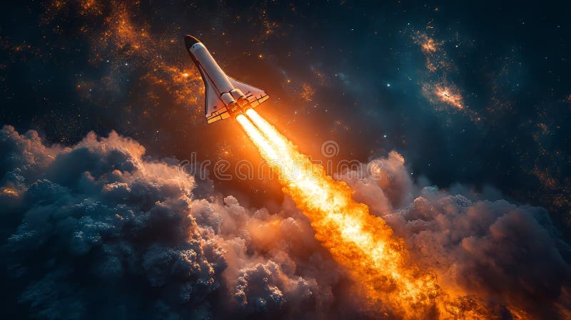 Successful Rocket Launch. a New Spaceship with a Trail of Light Flies ...