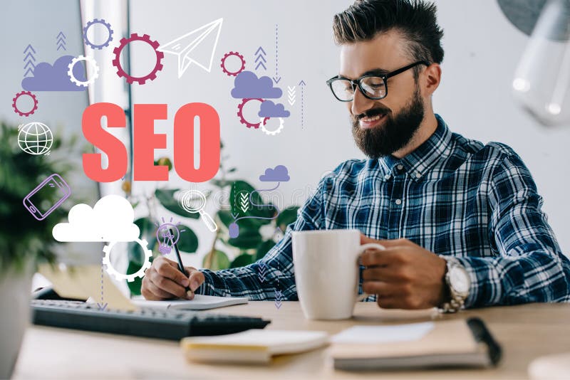 Successful Seo Manager with Cup of Coffee and Computer Writing Notes at ...