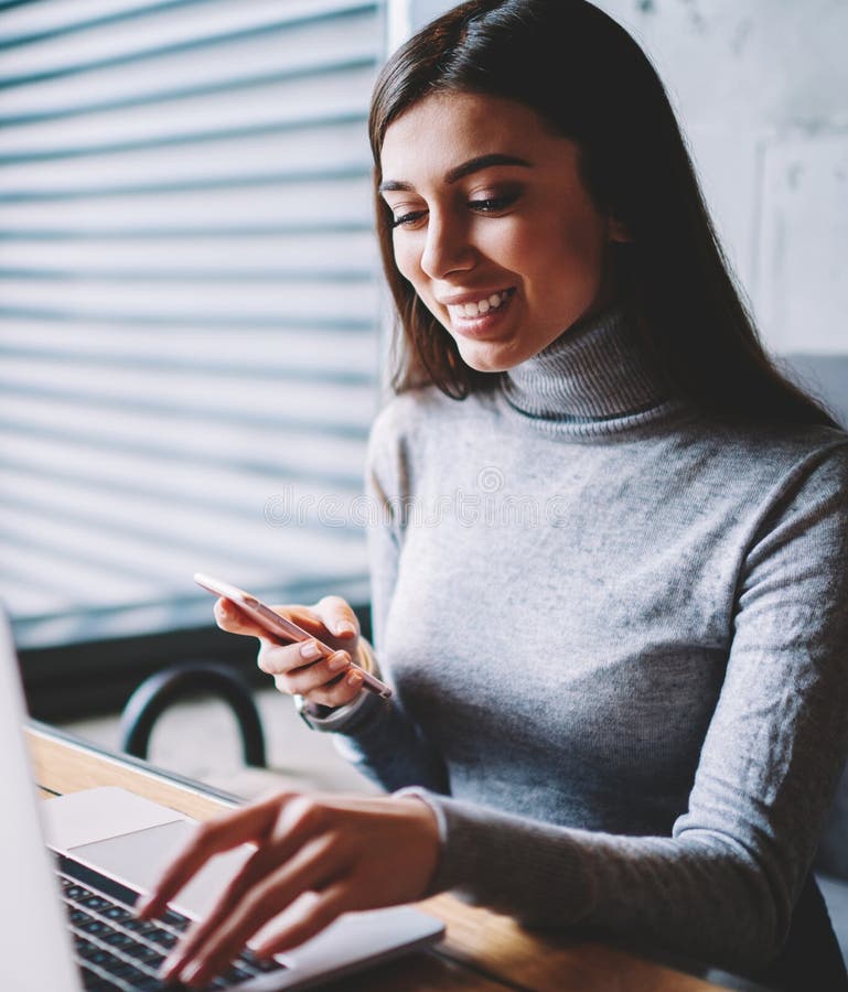 Successful Smiling Woman Checking Notifications Sitting at Coffee Shop ...