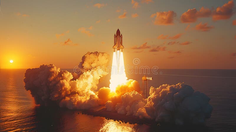 Successful Space Shuttle Rocket Launch at Sunset with Smoke and Light ...
