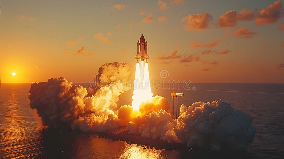 Successful Space Shuttle Rocket Launch at Sunset with Smoke and Light ...