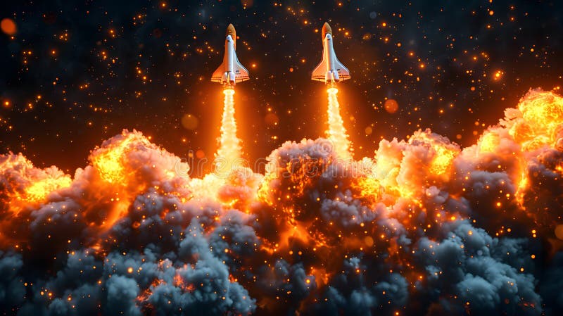 Successful Space Shuttle Rocket Launch at Sunset with Smoke and Light ...