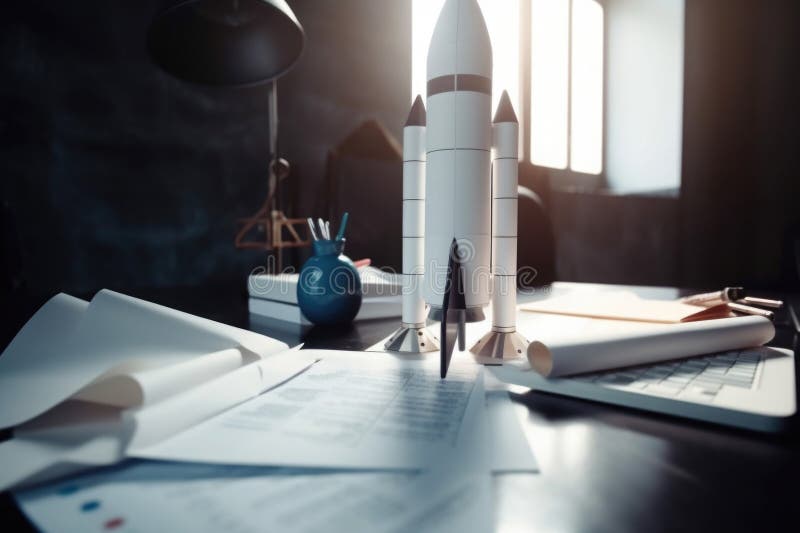 Successful Startup Concept. Launching Rocket on Office Table ...