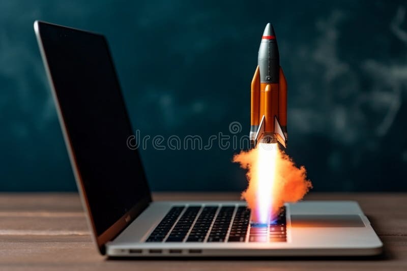 Successful Startup Concept Rocket Launching from Laptop Screen, Office ...