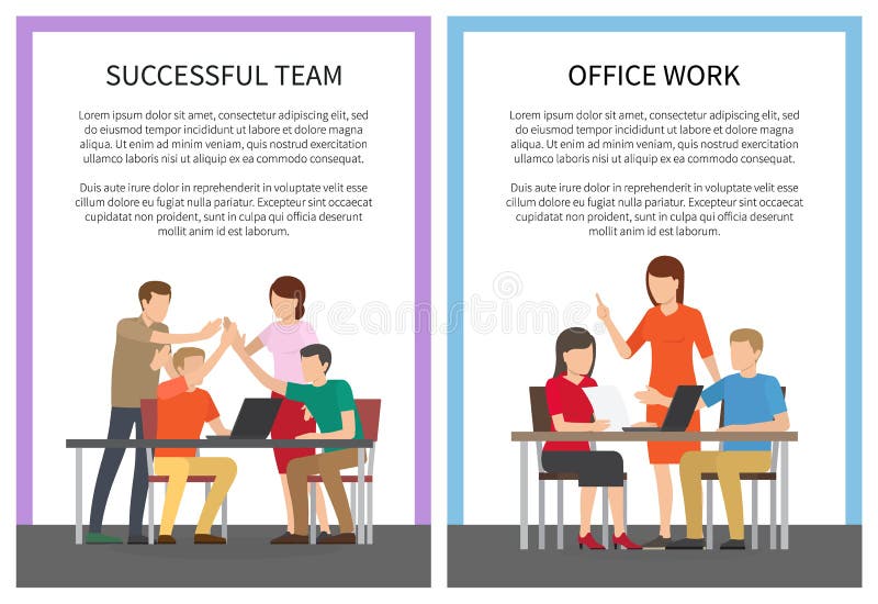 Successful Team Office Work Set of Posters Workers Stock Vector ...