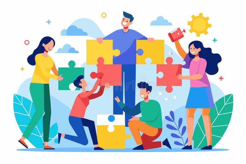 A Successful Team of Two Men and Three Women Collaborates, Assembling ...