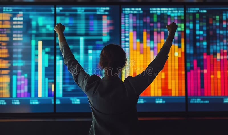 Successful Trader Celebrating Victory in Front of Stock Market Data ...