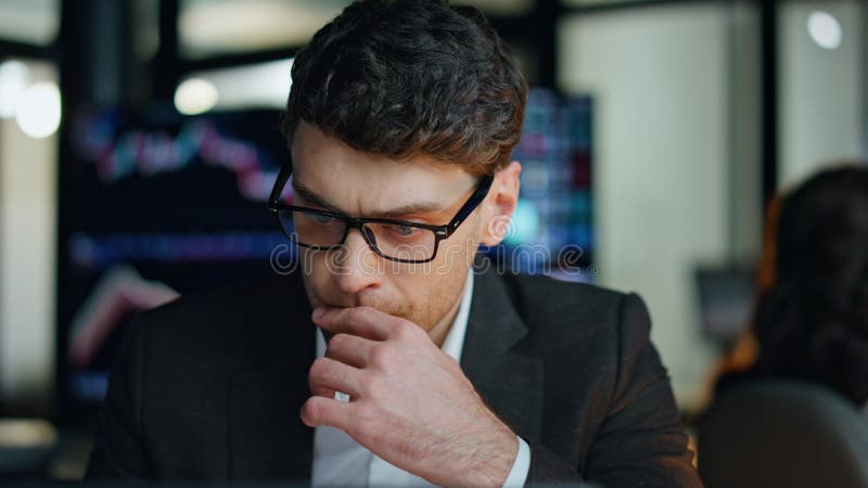 Successful Trader Working Office Evening Closeup. Pensive Man Looking ...