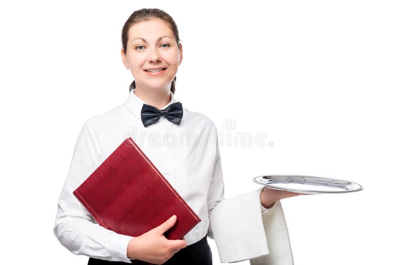 Successful Waitress with Menus and Empty Tray on a White Stock Photo ...