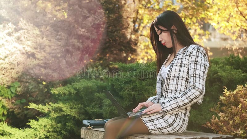 Successful Young Beautiful Asian Woman Working On A Laptop While
