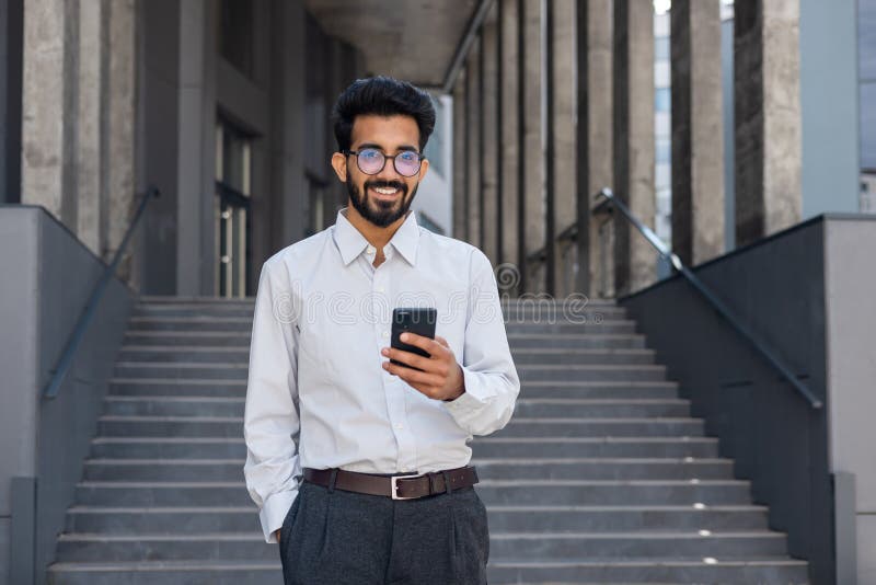 Successful Young Hindu Man Walking Outside Office Building, Engineer ...