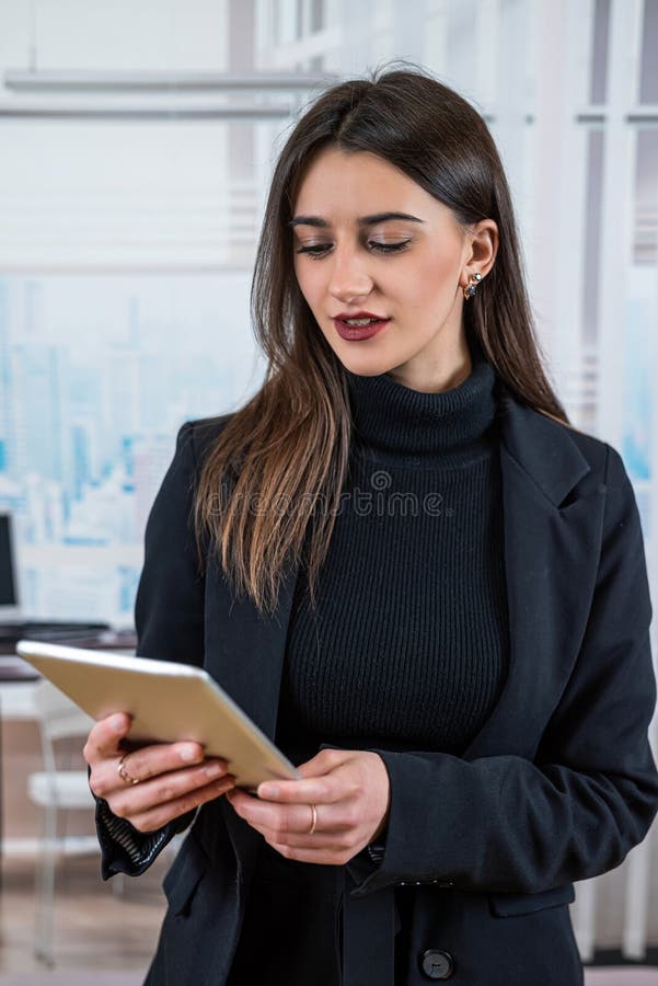 Successful Young Woman Freelancer Manager Work with Phone Standing ...