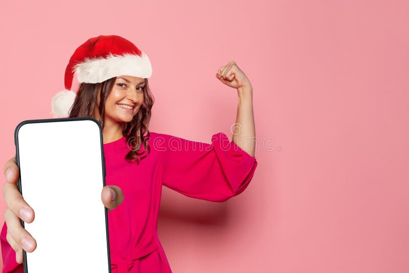 Successful Young Woman Holding Modern Smartphone with White Empty ...