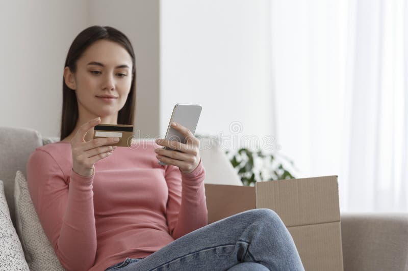 Successful Young Woman Making Transaction Using Mobile Bank Stock Image ...